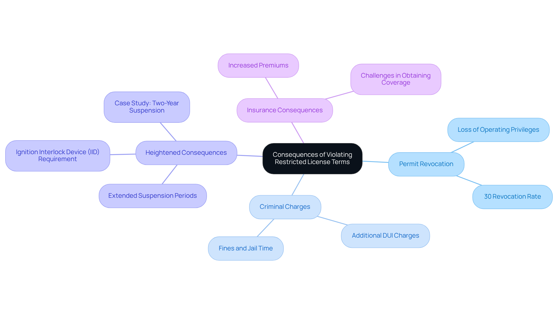 The central node represents the main topic, while the branches show different types of consequences. Each sub-branch provides more detail about that consequence, helping you understand the risks involved with violating a restricted license. The central node represents the main topic, while the branches show different types of consequences. Each sub-branch provides more detail about that consequence, helping you understand the risks involved with violating a restricted license.