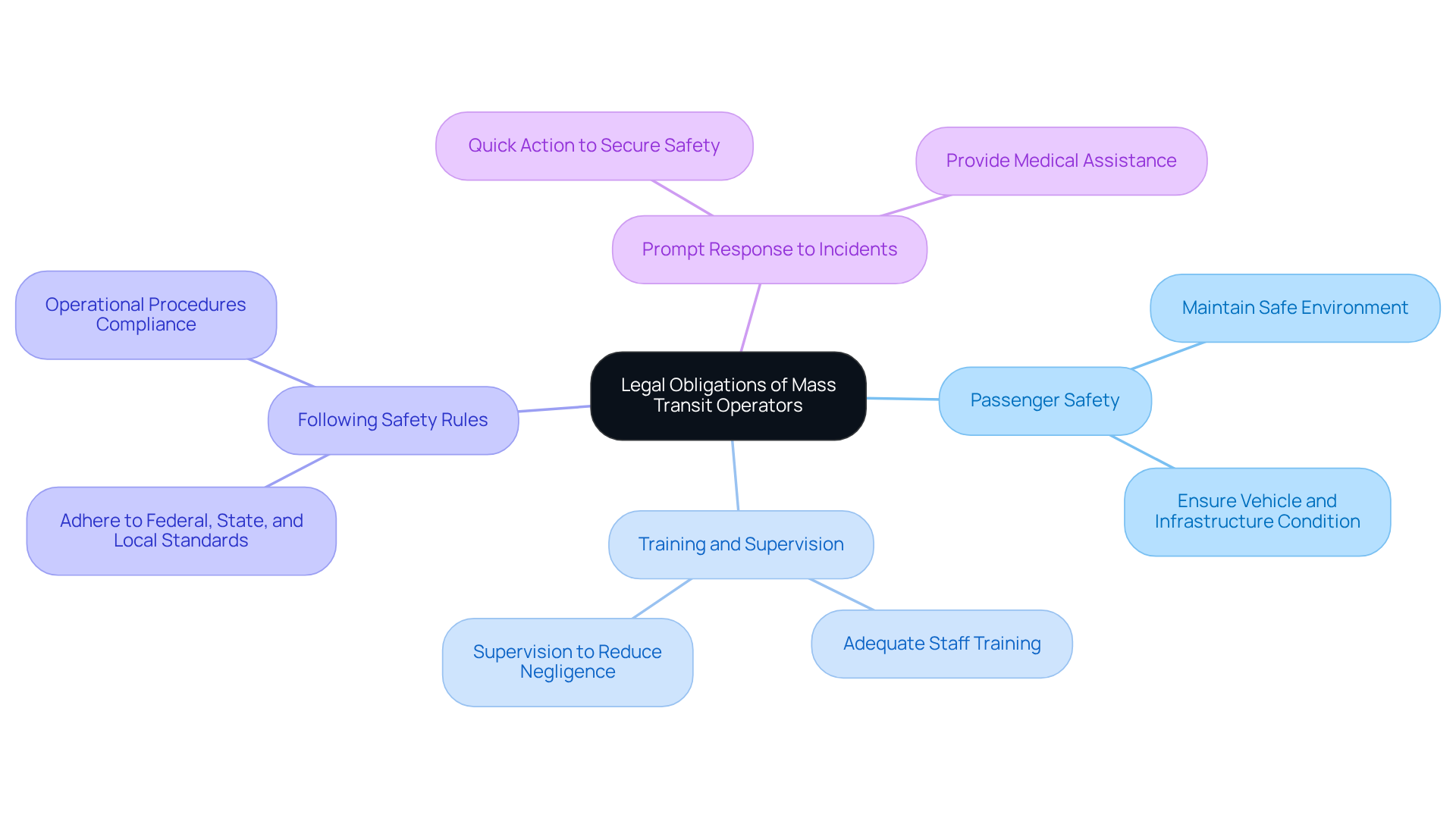 This mindmap illustrates the key responsibilities of mass transit operators. Start at the center with their legal obligations, then follow the branches to see how each responsibility contributes to ensuring passenger safety and accountability.