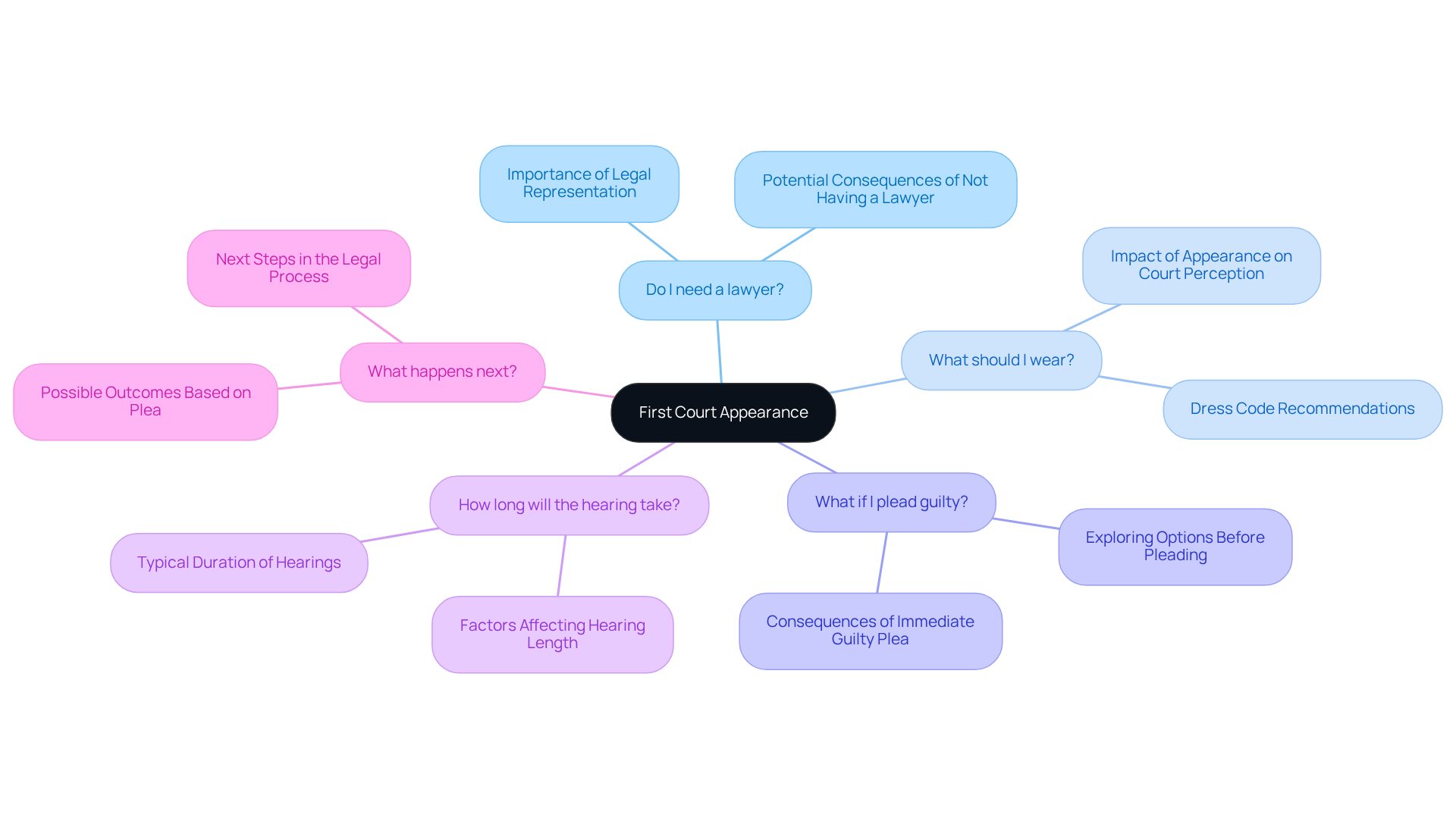This mindmap starts with the main topic in the center and branches out to show common concerns. Each branch represents a question many defendants have, helping you see what to consider before your court appearance.