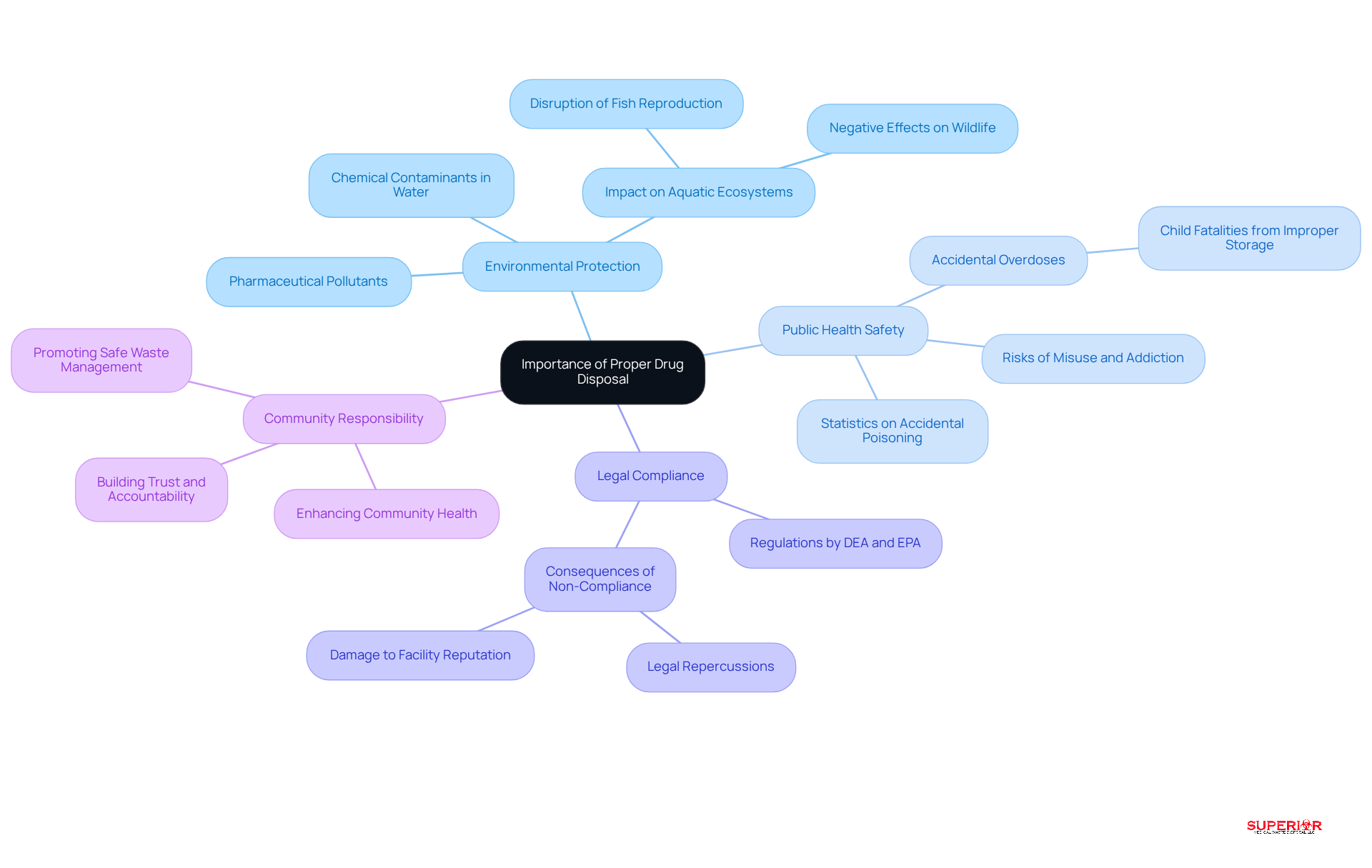 The center shows the main topic, and each branch represents a key reason for proper drug disposal. Follow the branches to see supporting details and understand why each reason matters.