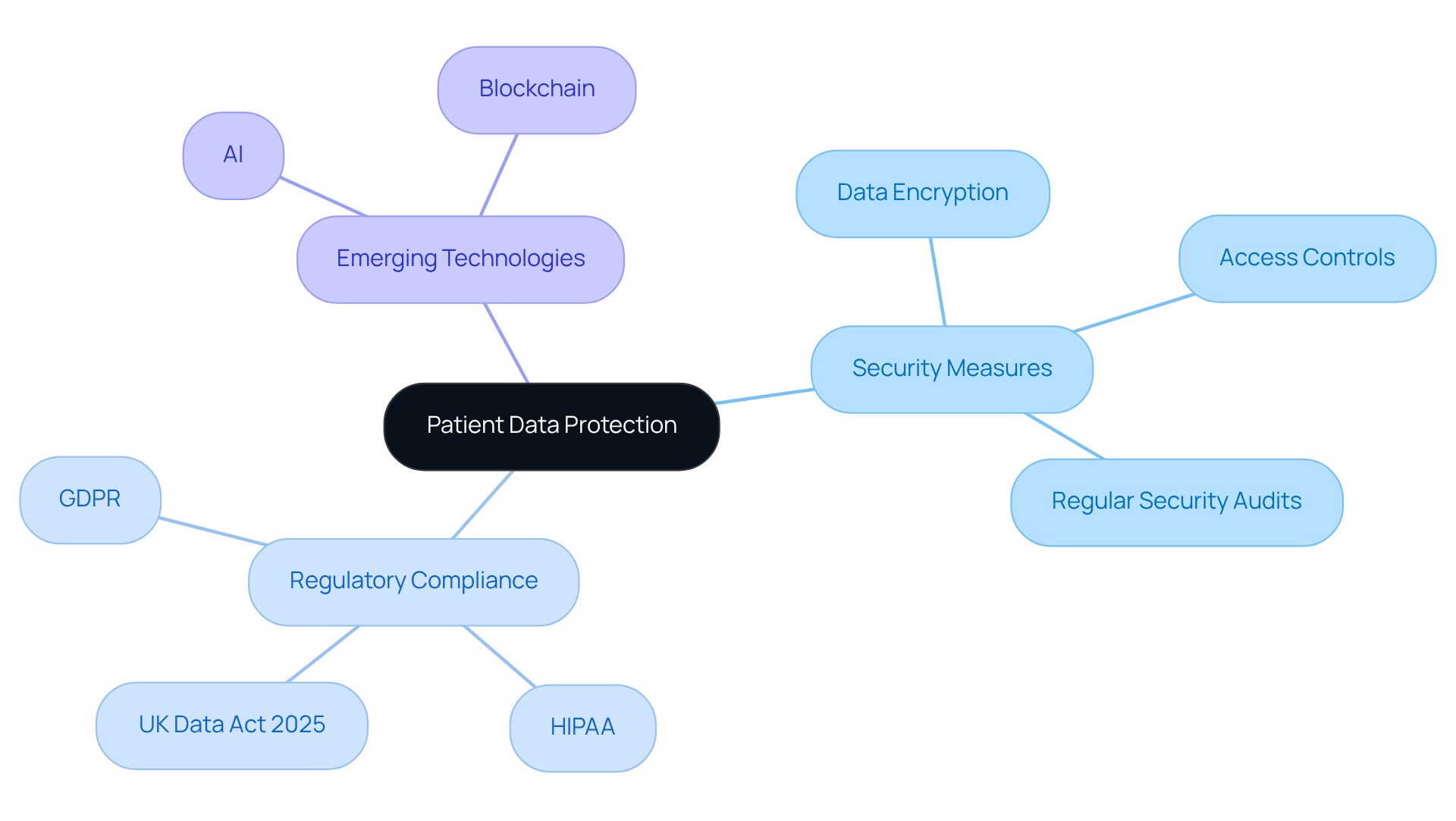 The central node represents the overall goal of protecting patient data. Each branch shows a key area of focus, with further details on specific techniques or regulations. This layout helps you see how everything connects and the importance of each part in maintaining data security.