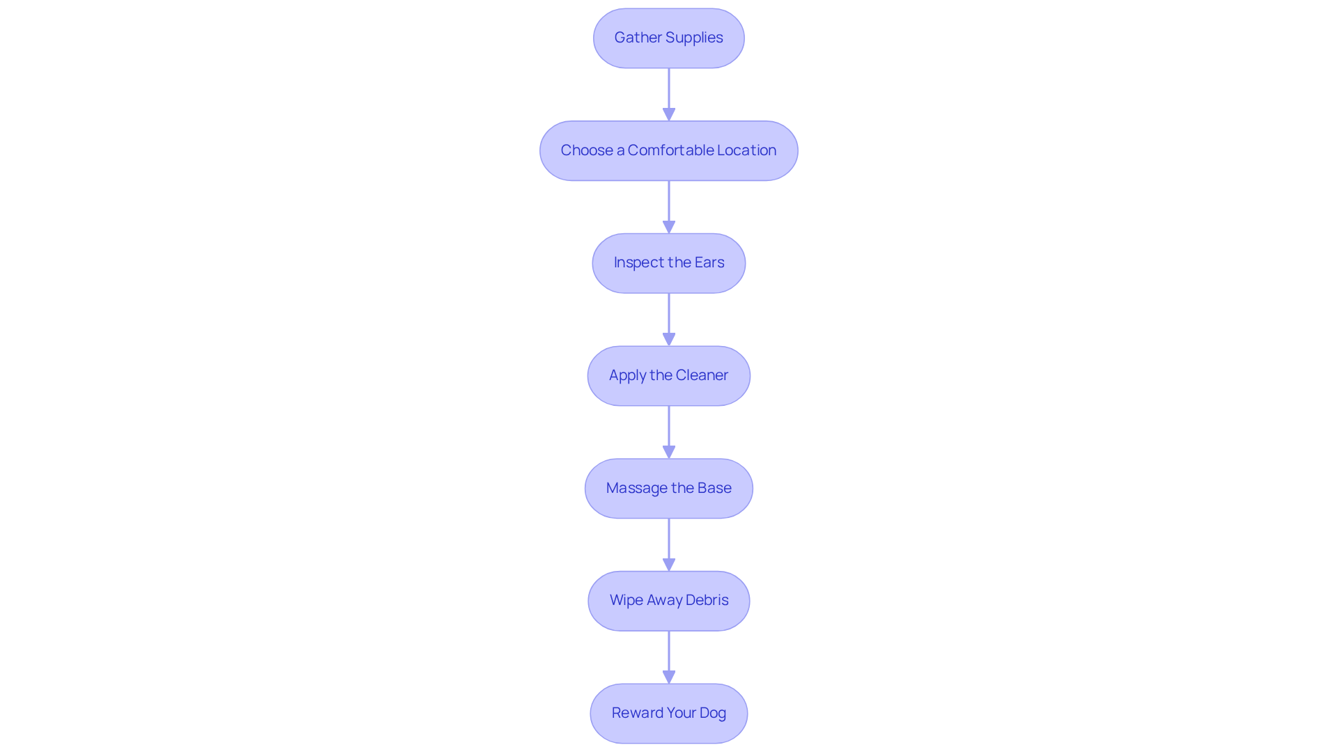 Each box represents a step in the ear cleaning process — follow the arrows to move from gathering supplies to rewarding your dog, ensuring a smooth and caring experience.