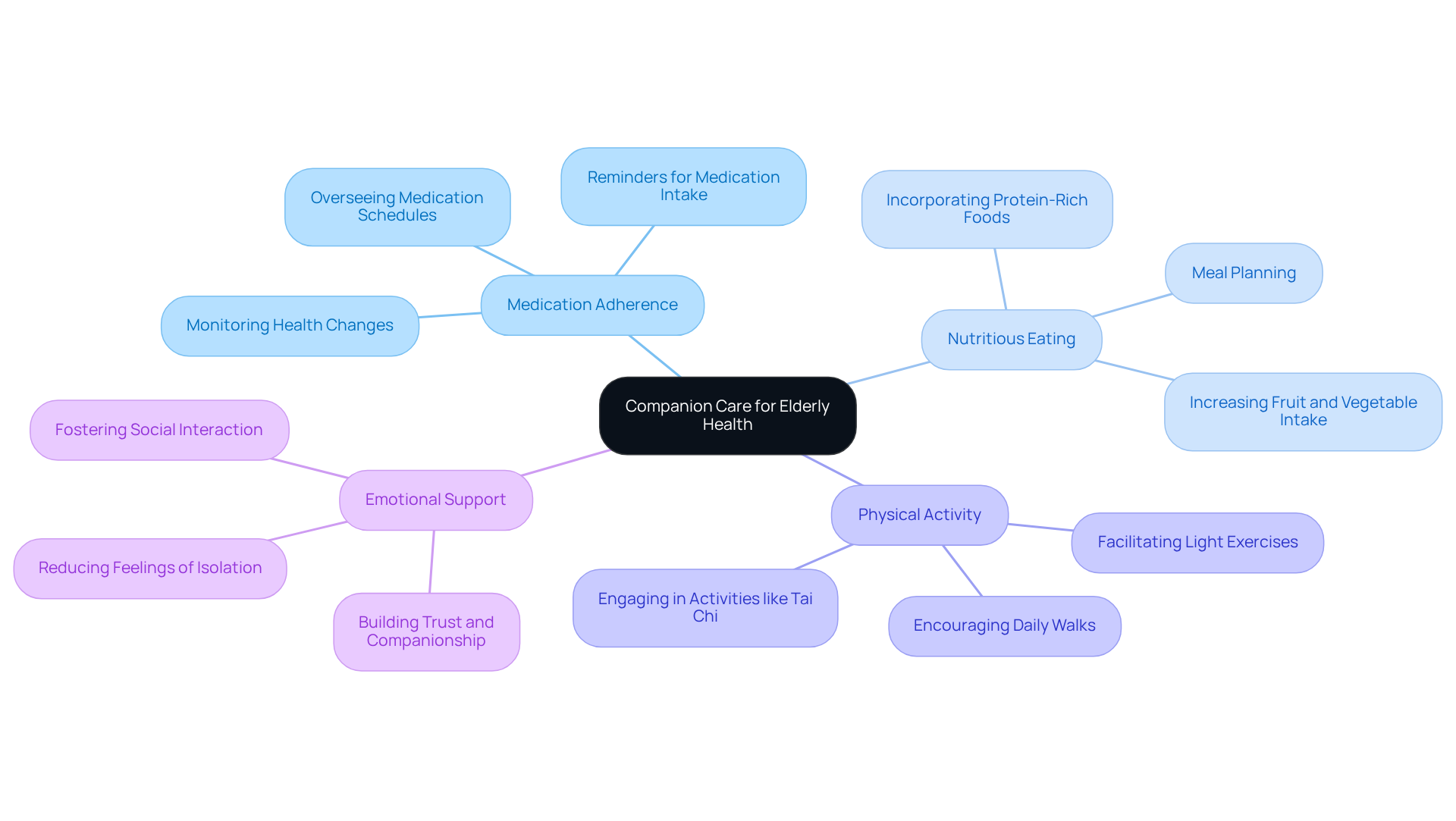 This mindmap illustrates how companion care helps older adults maintain health through various supportive actions. Each branch represents a key area of support, while sub-branches detail specific activities within those areas.