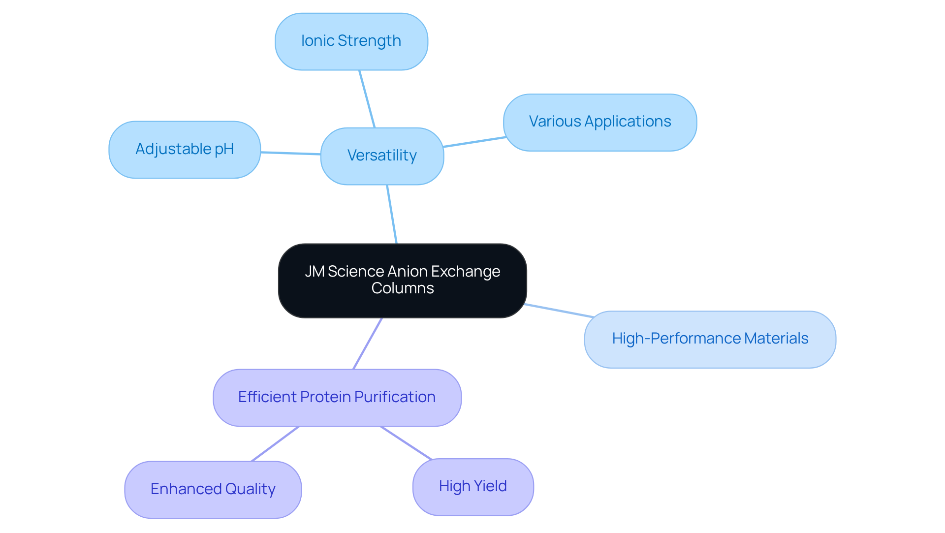 This mindmap starts with the main product at the center and branches out into its key features and benefits. Each branch illustrates how different aspects of the columns contribute to effective protein purification.