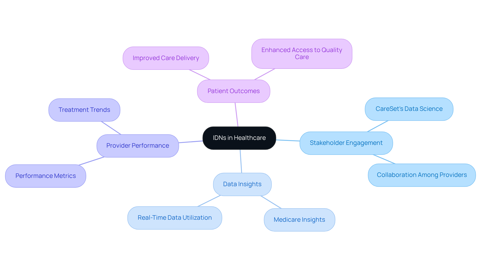 The central node represents the main topic of IDNs, while the branches show how different aspects like data insights and stakeholder engagement contribute to improving healthcare services.
