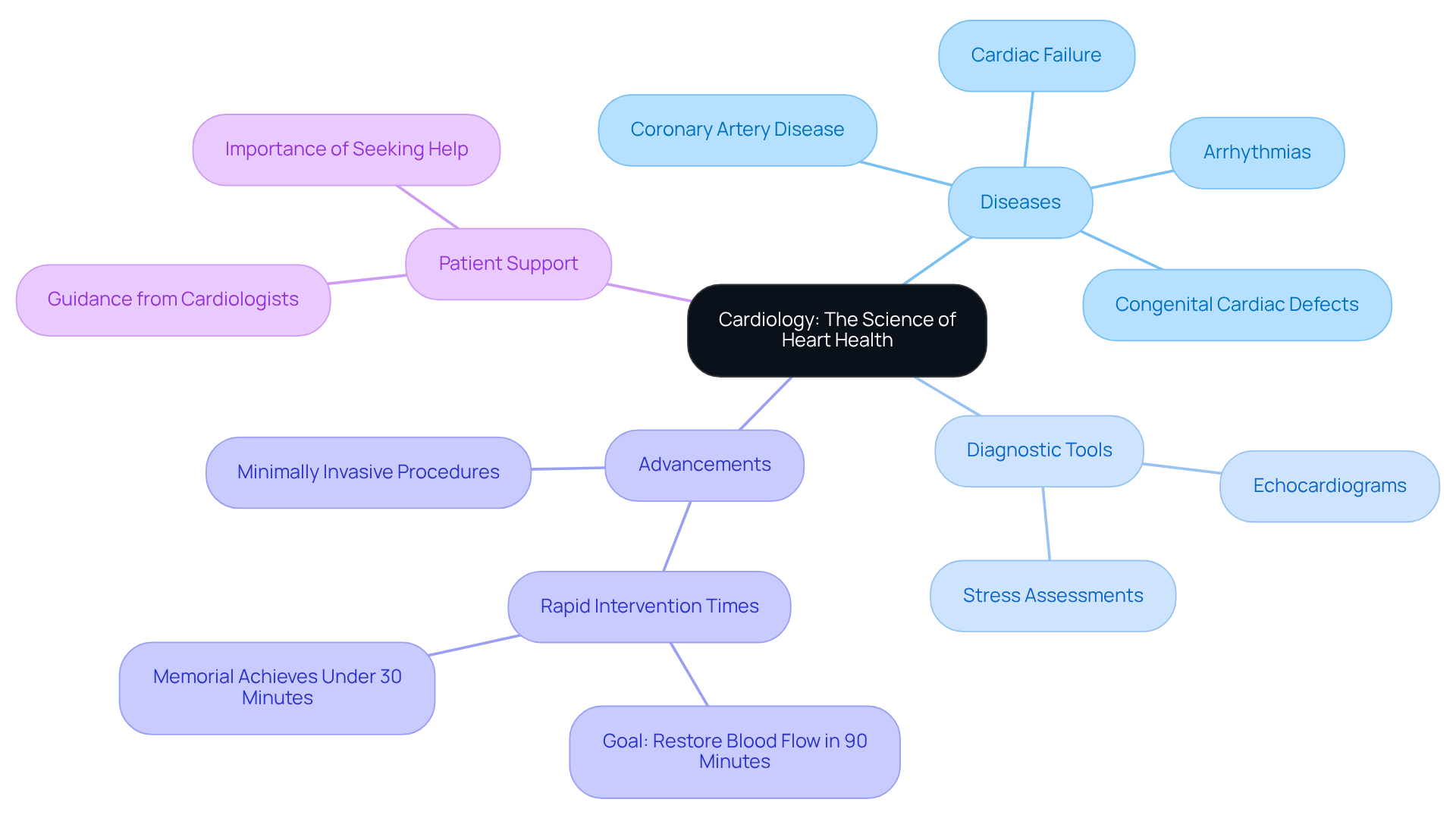 The central idea is cardiology. Each branch represents a key area: diseases that cardiologists address, tools they use for diagnosis, advancements in treatment, and support available for patients. Follow the branches to understand the field better!