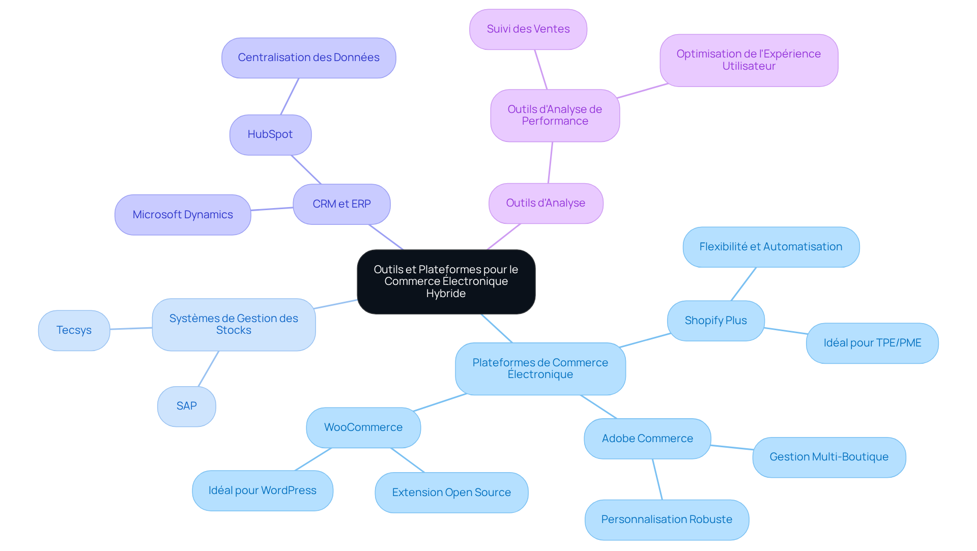 Le nœud central représente la stratégie globale, et chaque branche montre un type d'outil essentiel. Suivez les sous-branches pour découvrir les outils spécifiques et leurs avantages.