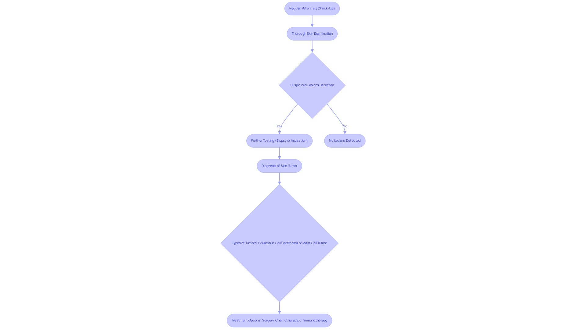 This flowchart outlines the journey from regular veterinary visits to the potential detection of skin cancer, showing how each step leads to the next — ensuring your pet gets the best care possible. This flowchart outlines the journey from regular veterinary visits to the potential detection of skin cancer, showing how each step leads to the next — ensuring your pet gets the best care possible.