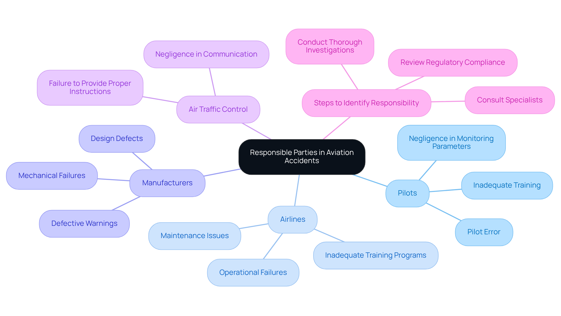 This mindmap helps you visualize who might be responsible for aviation accidents and the steps to identify them. Start at the center with the main topic, then follow the branches to see each party's role and the actions you can take to clarify responsibility.
