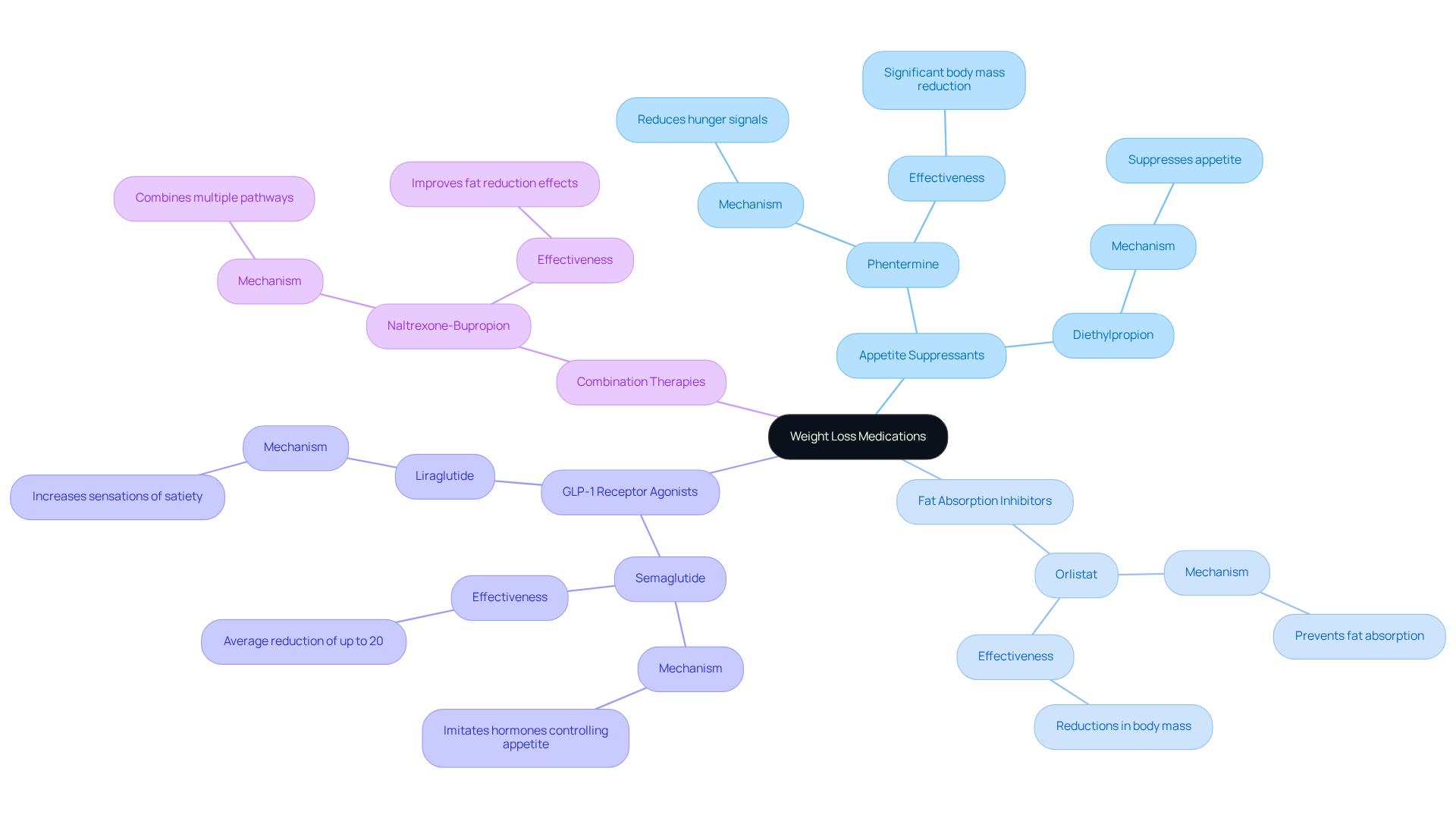 This mindmap starts with the main topic of weight loss medications at the center. Each branch represents a different category of medication, and the sub-branches provide details about specific drugs and their functions. This visual helps you understand how different treatments relate to each other and their unique roles in weight management. This mindmap starts with the main topic of weight loss medications at the center. Each branch represents a different category of medication, and the sub-branches provide details about specific drugs and their functions. This visual helps you understand how different treatments relate to each other and their unique roles in weight management.
