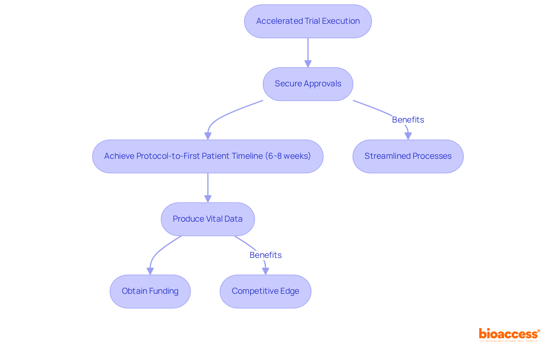 This flowchart shows how the company accelerates clinical trials. Each step leads to the next, illustrating how securing approvals quickly helps startups get vital data and funding faster.