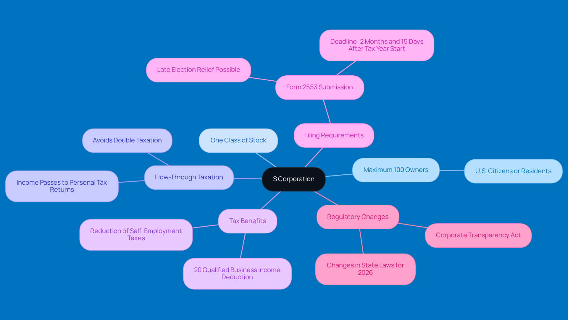 The center shows the main idea of S Corporations, while the branches highlight important features and benefits. Follow the branches to explore each characteristic and how they relate to the overall concept.