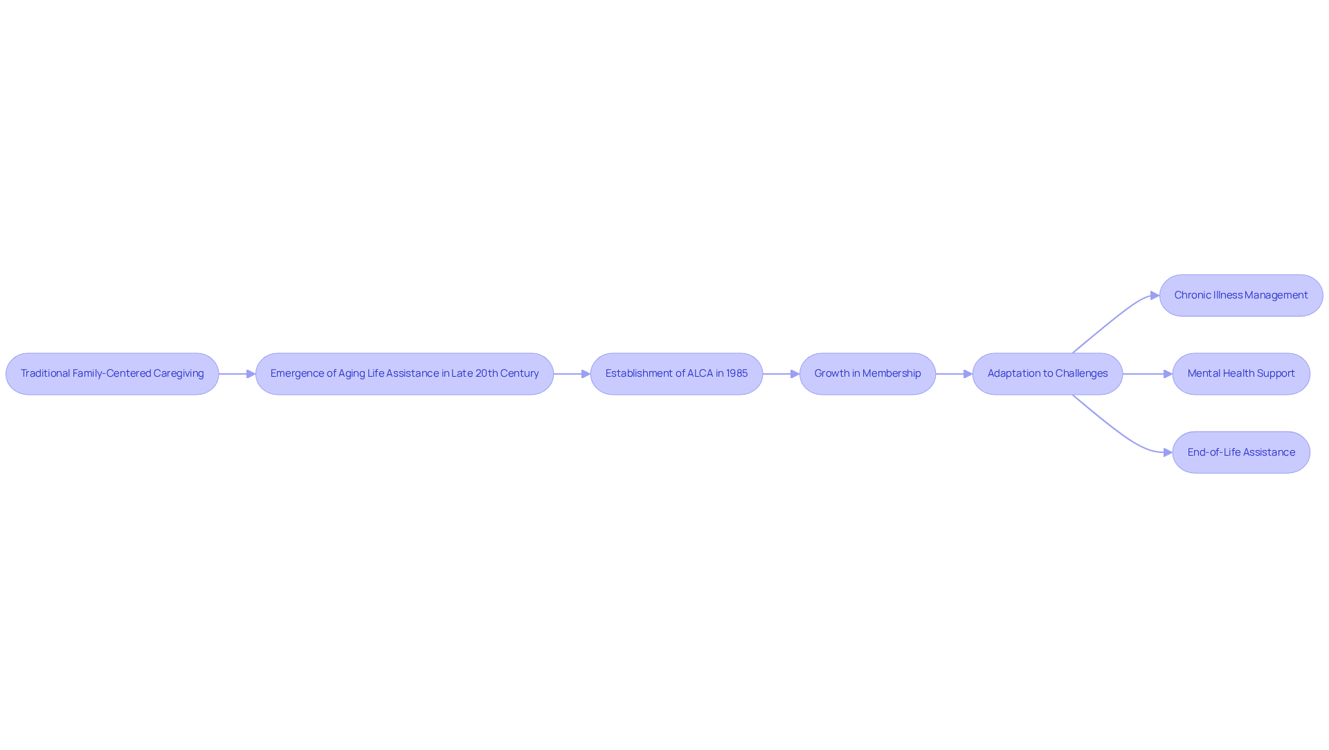 Each box represents a significant milestone or concept in the evolution of Aging Life Care. Follow the arrows to see how the field has developed over time, from traditional caregiving to the establishment of professional support systems.