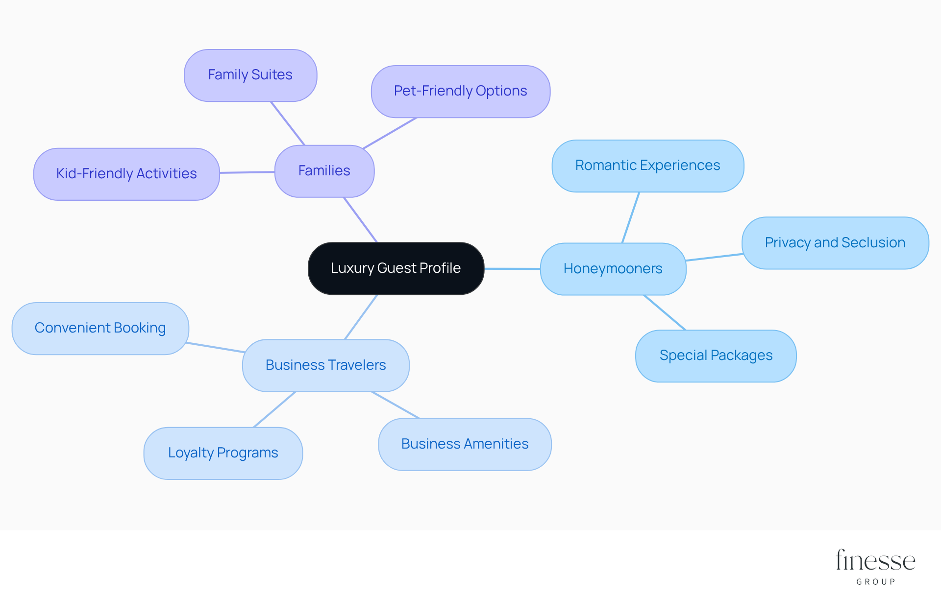 The central idea is luxury guest profiling, and each branch represents a different type of guest. Dive into each category to discover what makes them unique and how they can be catered to.