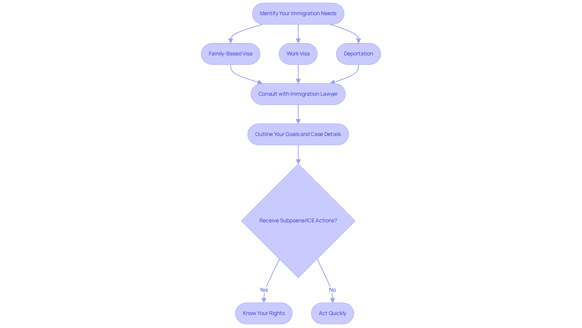 Each box represents a step in the immigration process. Follow the arrows to see how to identify your needs, consult a lawyer, and know your rights during enforcement actions. Each box represents a step in the immigration process. Follow the arrows to see how to identify your needs, consult a lawyer, and know your rights during enforcement actions.