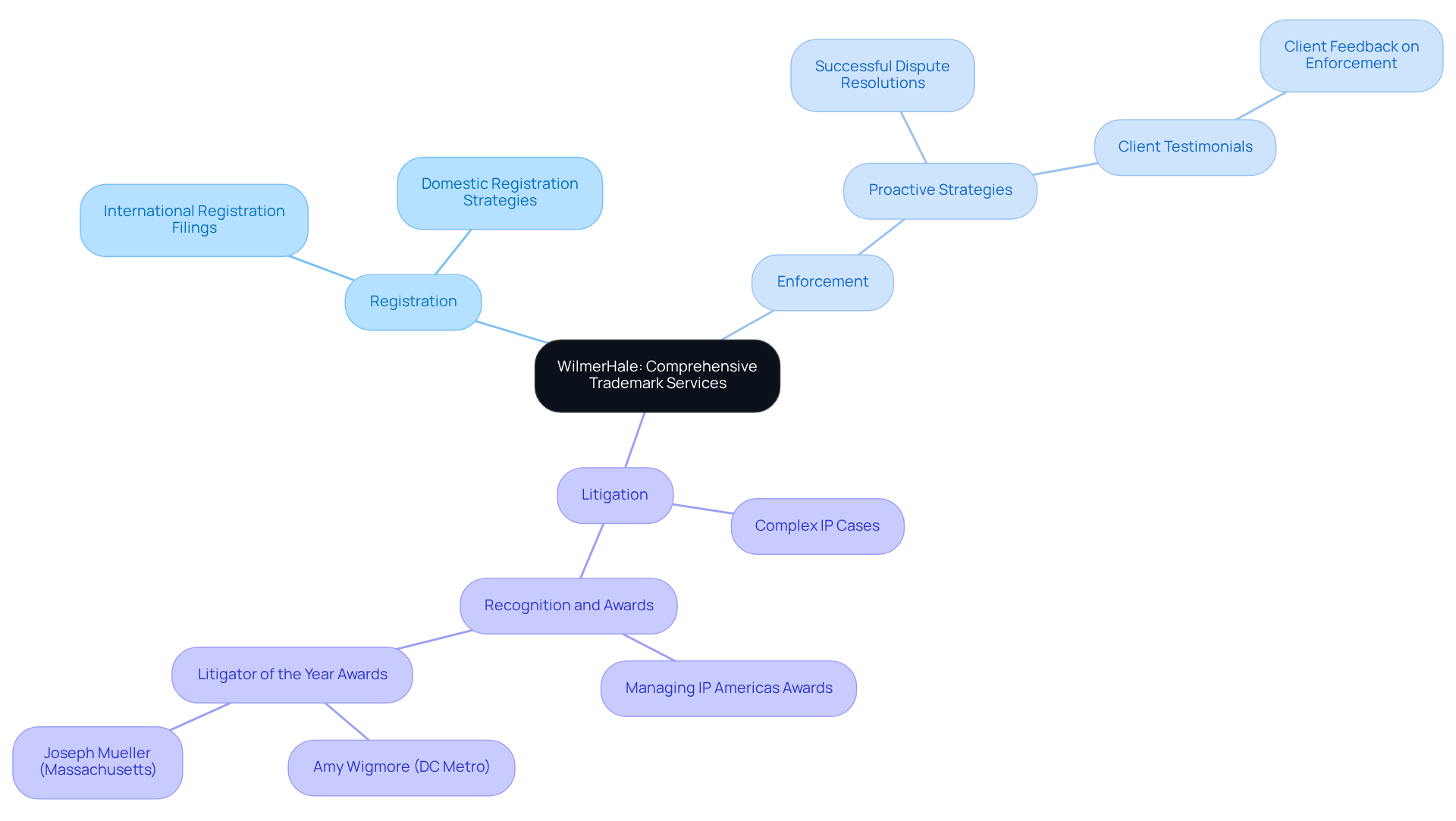 Start at the center with WilmerHale's trademark services, then explore the branches to see the specific areas of expertise and how they connect to client experiences and international considerations.