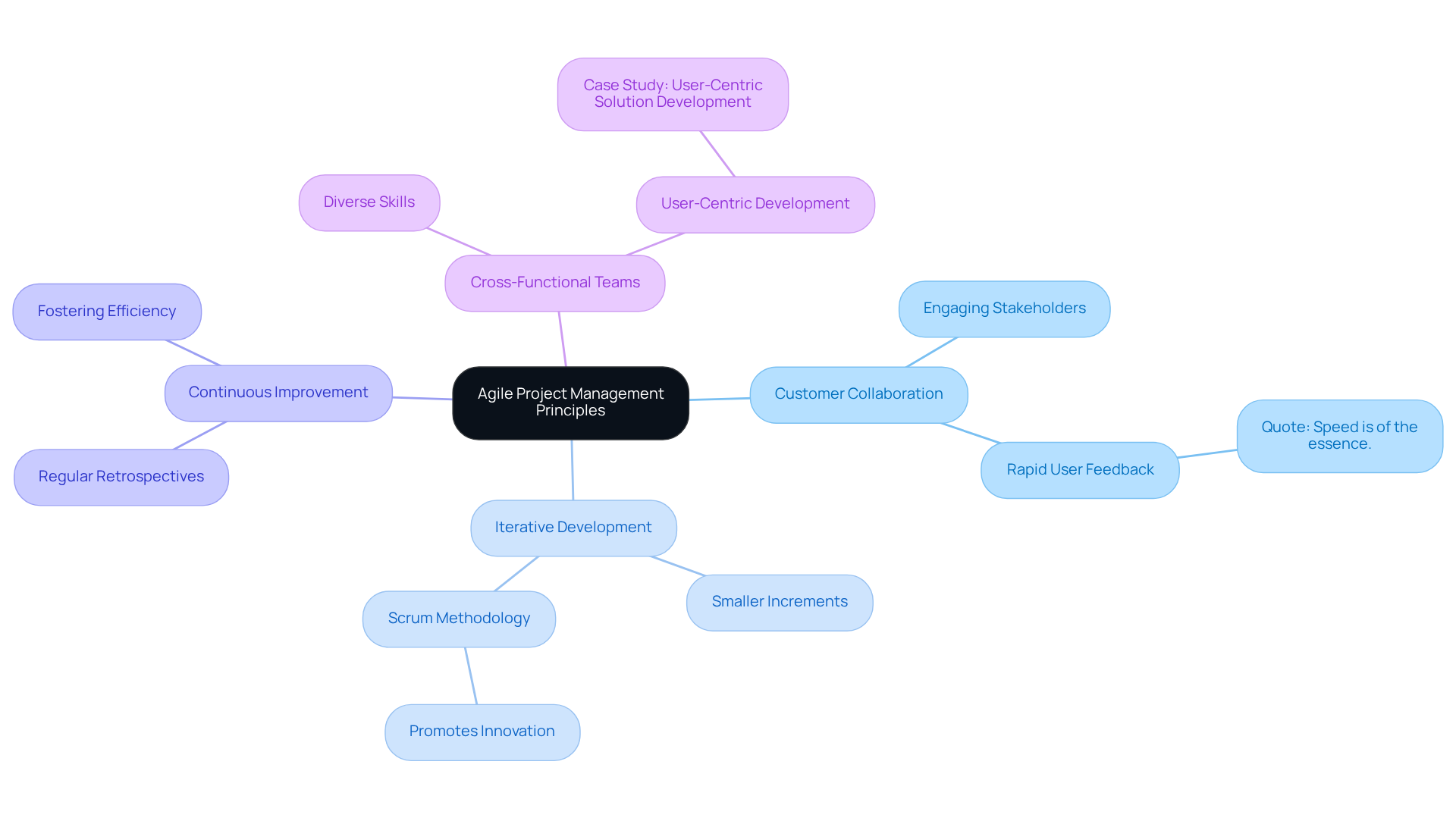 The central node represents Agile Project Management, while each branch highlights a key principle. Sub-points provide additional insights or quotes related to each principle, helping you understand the core ideas at a glance.