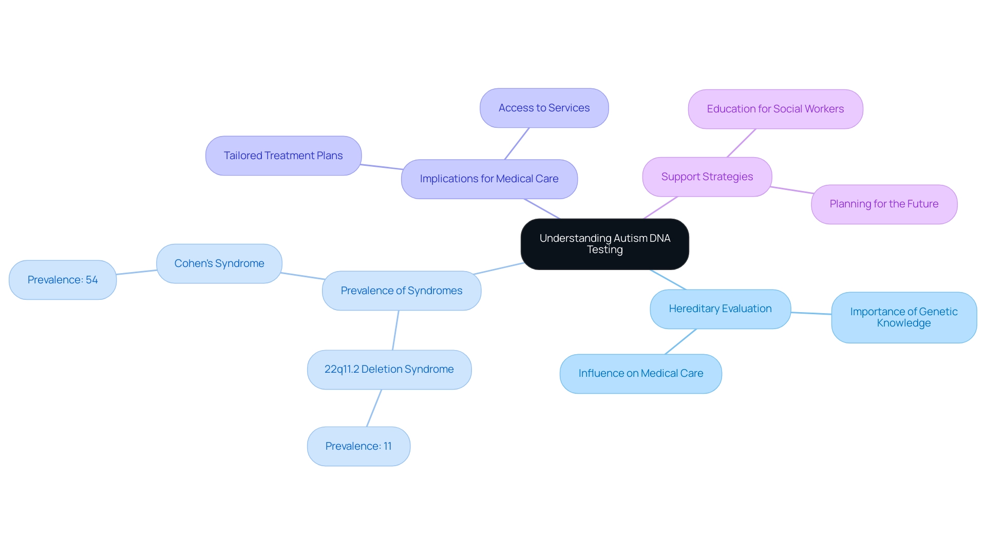 The central node represents autism DNA testing. Branches indicate key themes such as hereditary evaluation, prevalence rates, implications for care, and support strategies.