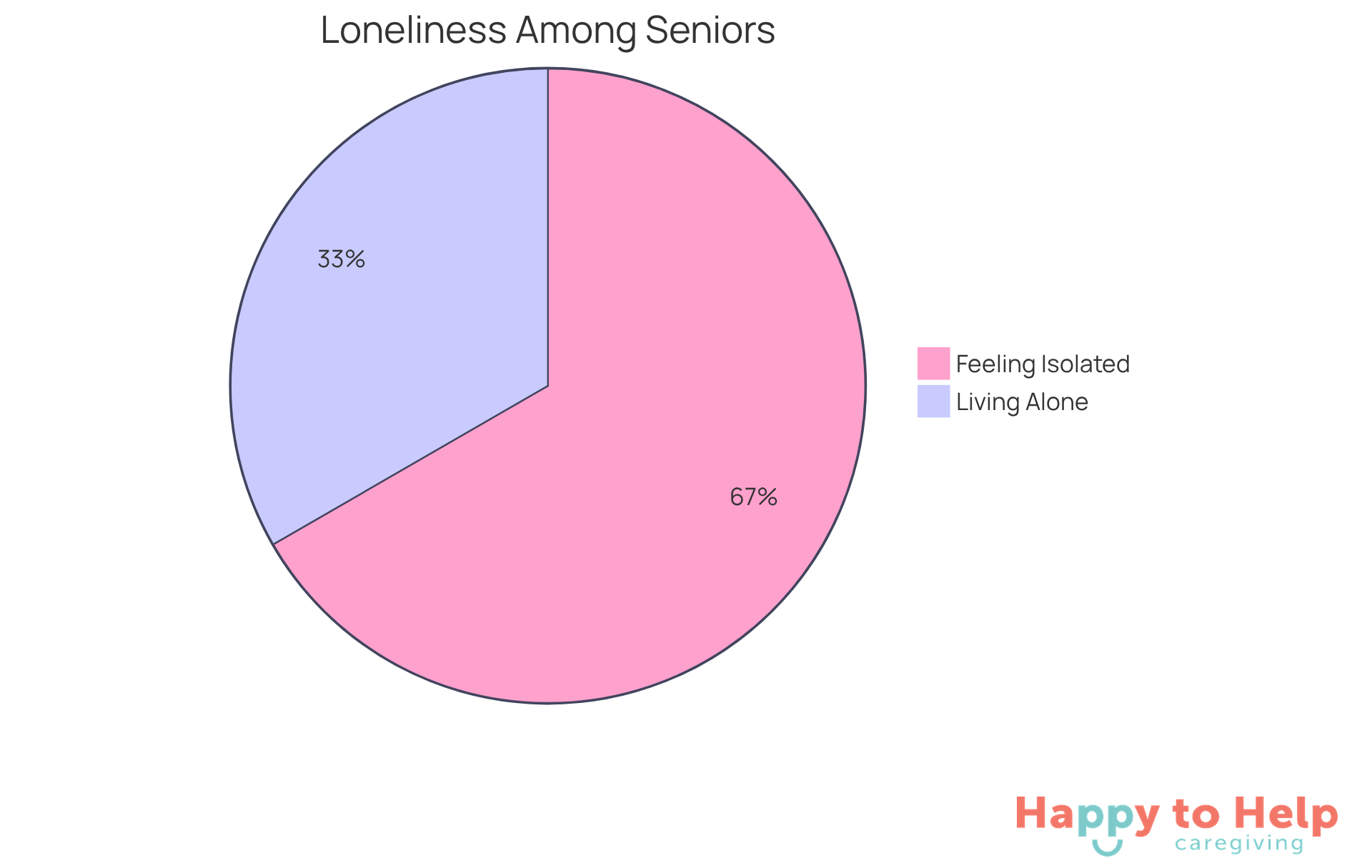The blue slice shows the percentage of seniors living alone, while the orange slice represents those who feel isolated. The larger the slice, the more significant the issue.