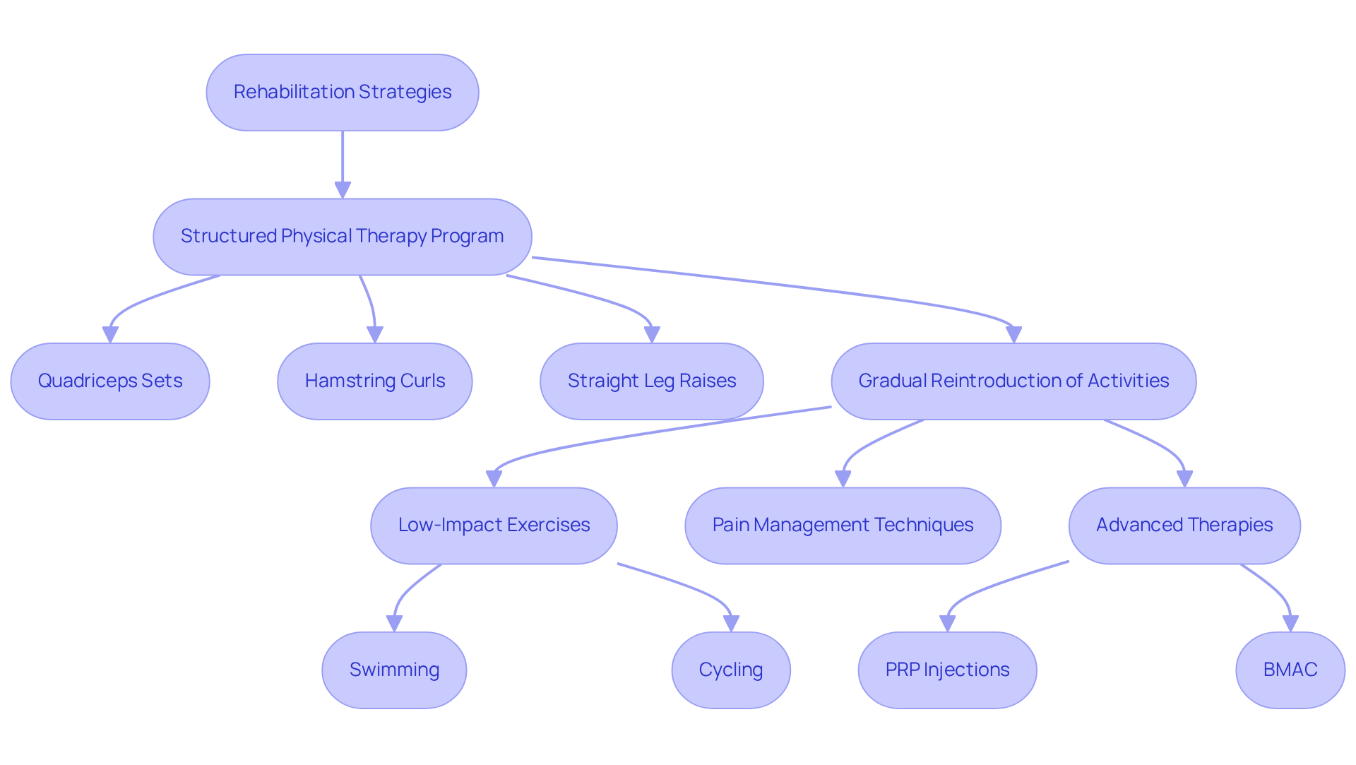 Follow the arrows to see how each step in the rehabilitation process connects. Start with physical therapy exercises, then move on to reintroducing activities, managing pain, and exploring advanced therapies for a comprehensive recovery.