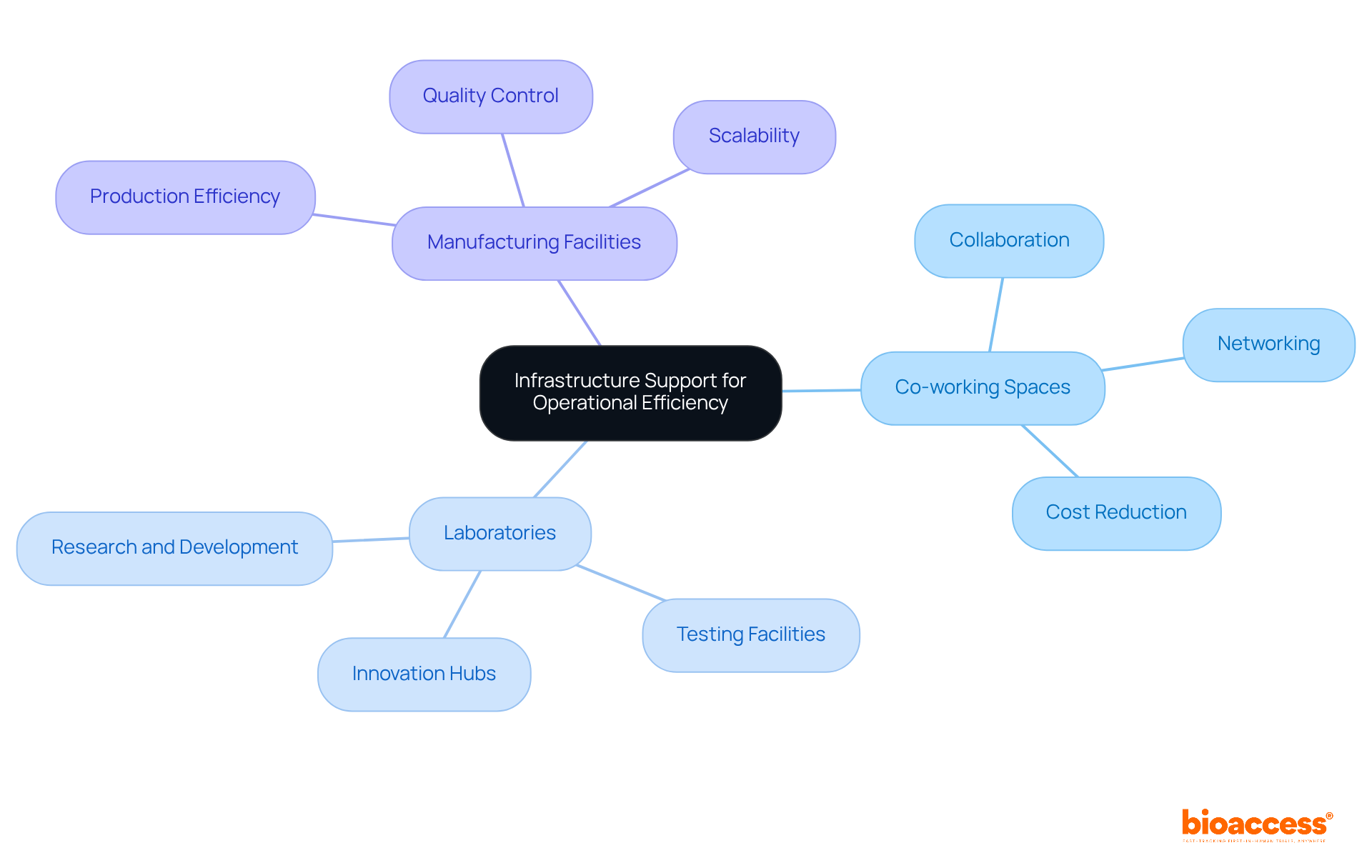 The central node represents the main theme, while the branches show different types of infrastructure support. Each sub-branch explains how these resources help improve operational efficiency and foster innovation.
