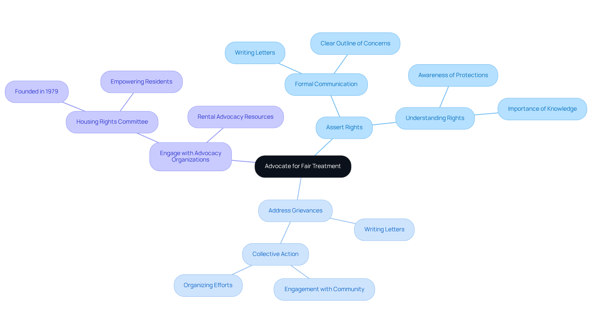 The center represents the main advocacy theme, with branches showing different strategies and resources. Each branch highlights a method or organization that can help residents assert their rights and address grievances.