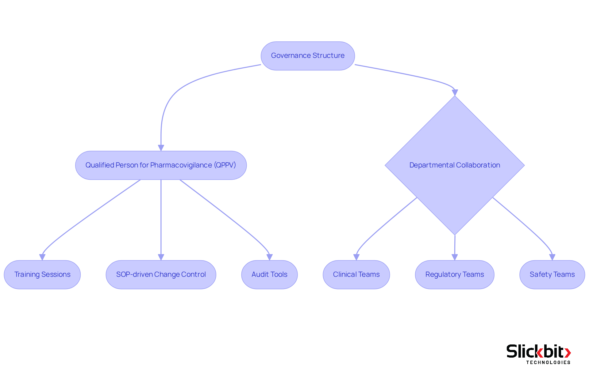 Follow the arrows to understand how different parts of the compliance process connect. Each box represents a key step or role in ensuring effective pharmacovigilance and safety data management.