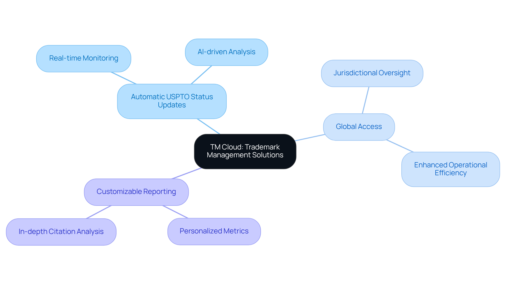 The central node represents TM Cloud, while the branches show its key features. Each sub-branch explains how these features benefit legal professionals managing trademarks, making it easy to grasp the comprehensive capabilities of the platform.