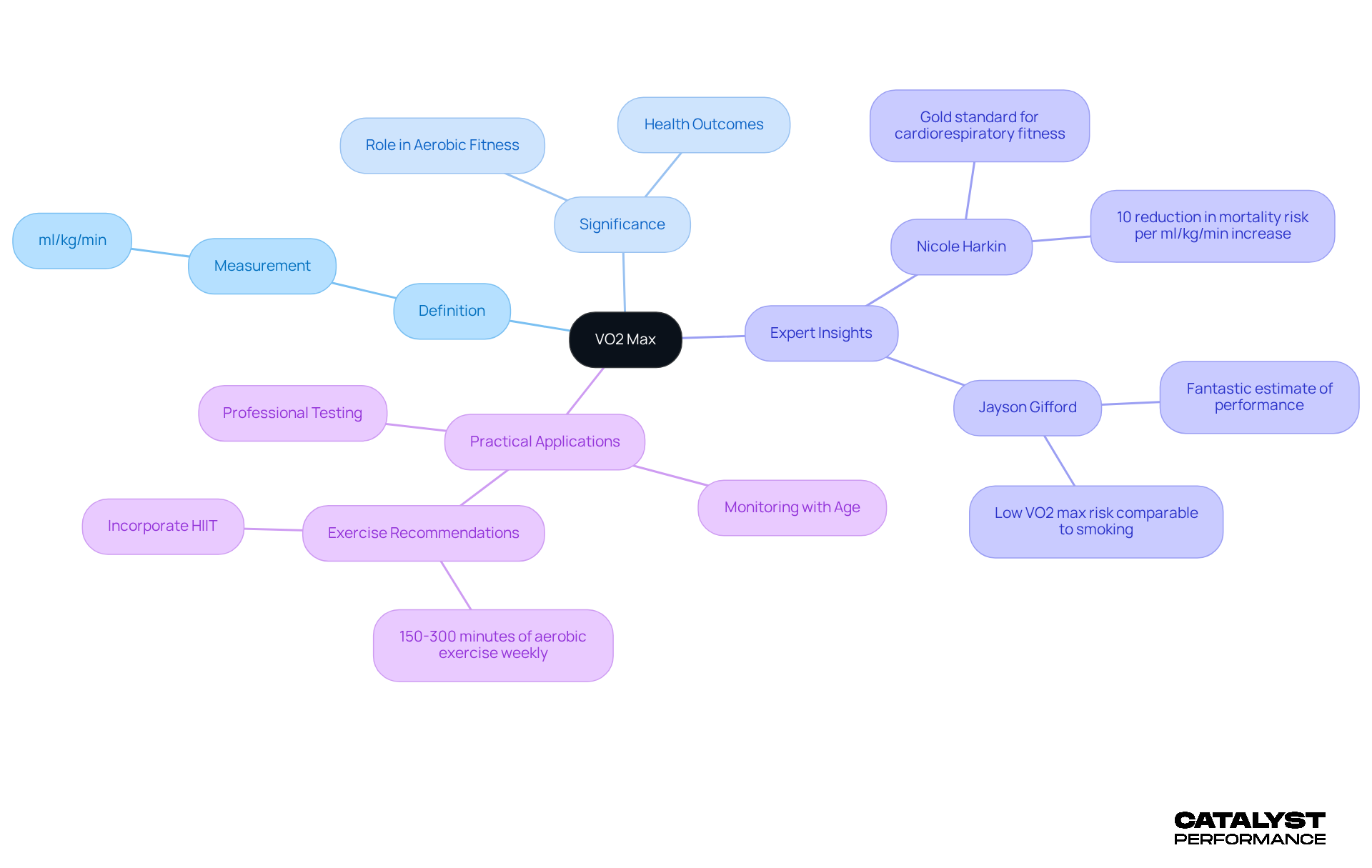 The central node represents VO2 max, and the branches show its various aspects. Follow the branches to explore its definition, significance, expert opinions, and how it can be applied in training.
