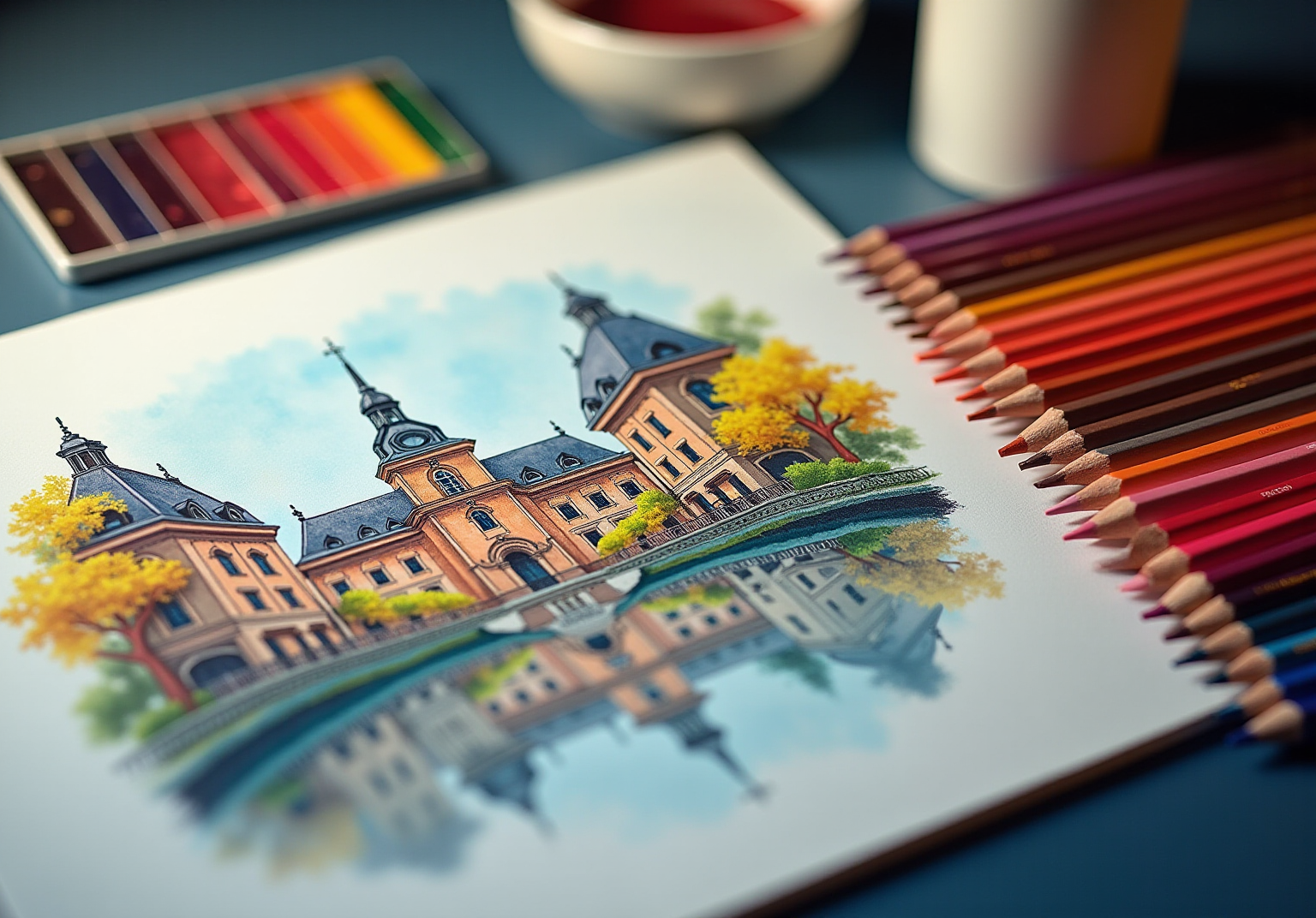 Artistic Workspace with Watercolor Pencils