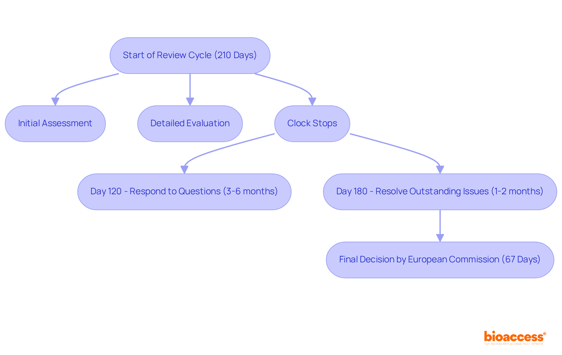 This flowchart shows the steps in the EMA's review cycle. Each box represents a stage in the process, and the arrows indicate the flow from one step to the next. The clock stops are critical points where applicants can respond to inquiries, and the final decision box shows the time taken by the European Commission.