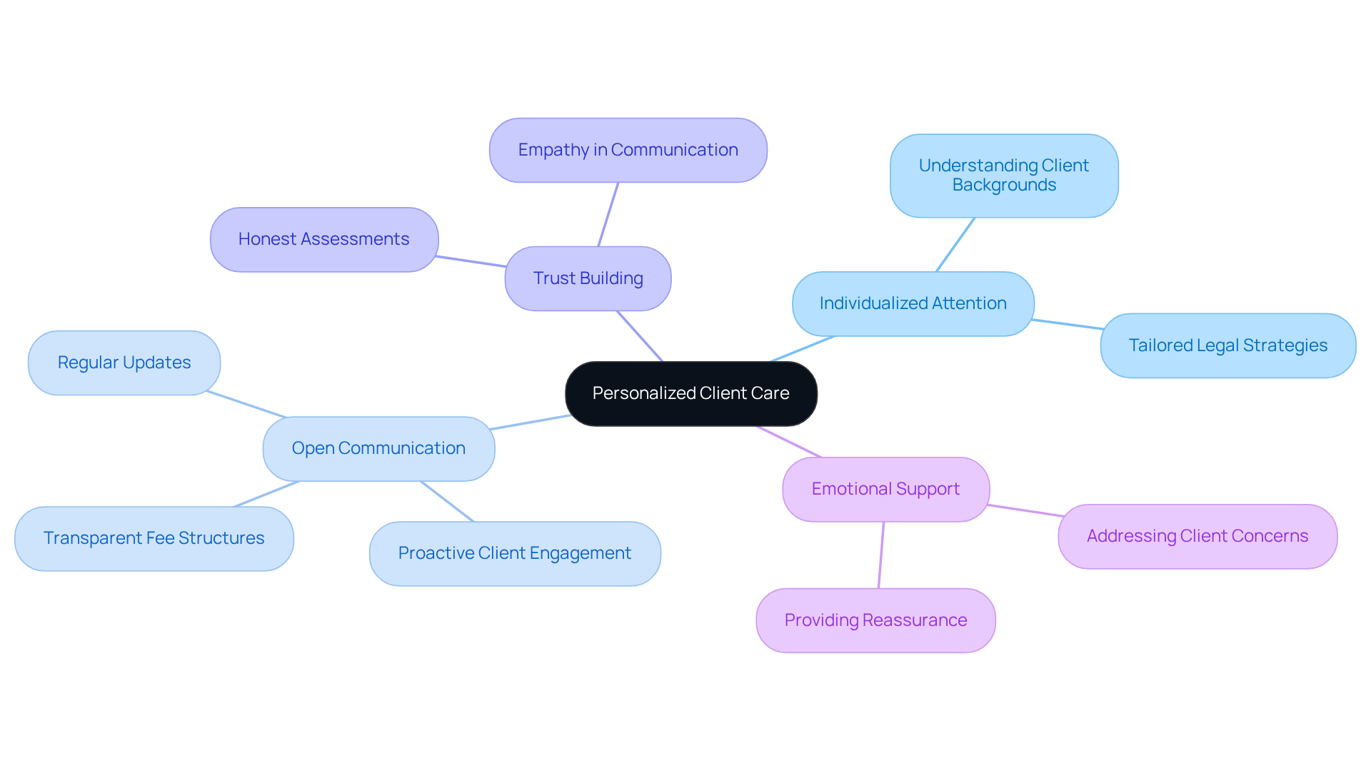 The center represents our core commitment, while the branches show the different ways we support our clients. Each branch highlights a key area of focus, illustrating how we strive to make your legal experience more positive.