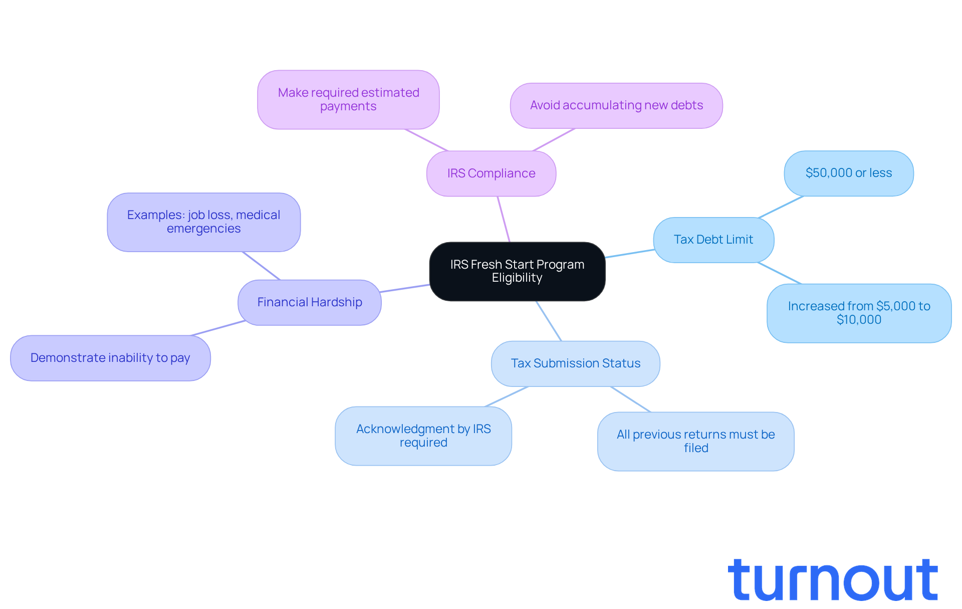 The central node represents the program, and each branch shows a requirement you need to meet. Follow the branches to understand what you need to qualify for assistance.