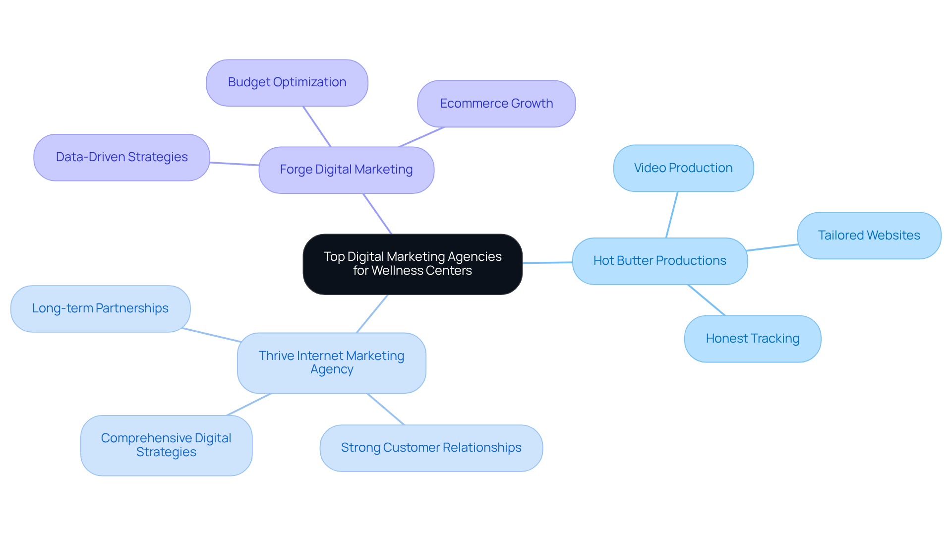This mindmap shows three top digital marketing agencies and their unique strengths. Each branch represents an agency, and the sub-branches highlight what makes them special. Use this map to find the right partner for your wellness center!