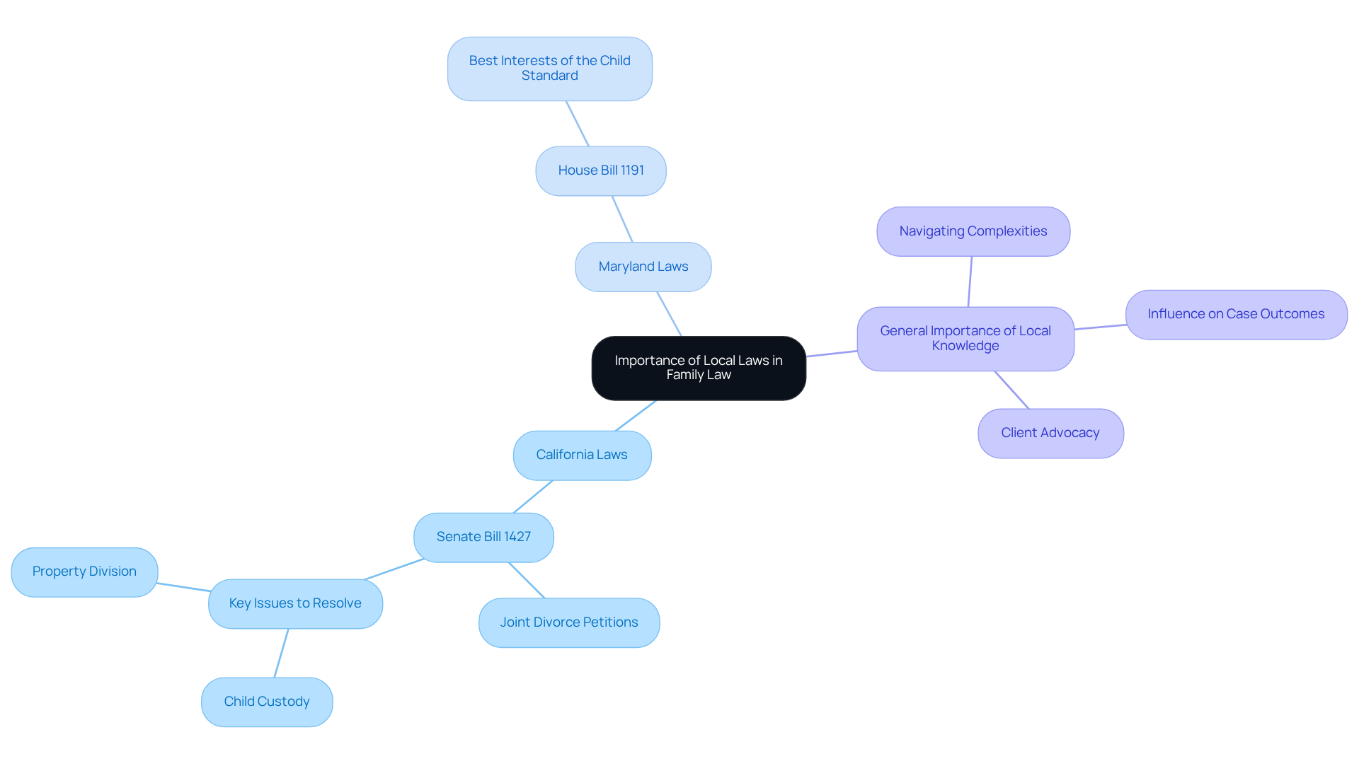 The central node represents the overall theme, while branches show specific laws and their implications. Each color-coded branch helps you see how local laws influence family law cases and the importance of having an attorney who understands these nuances.