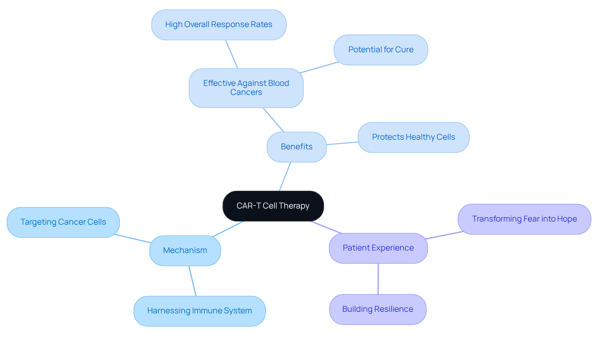 This mindmap illustrates how CAR-T therapy works and its benefits for patients. Start at the center with the therapy itself, then explore how it functions, the advantages it offers, and how it changes the patient experience.