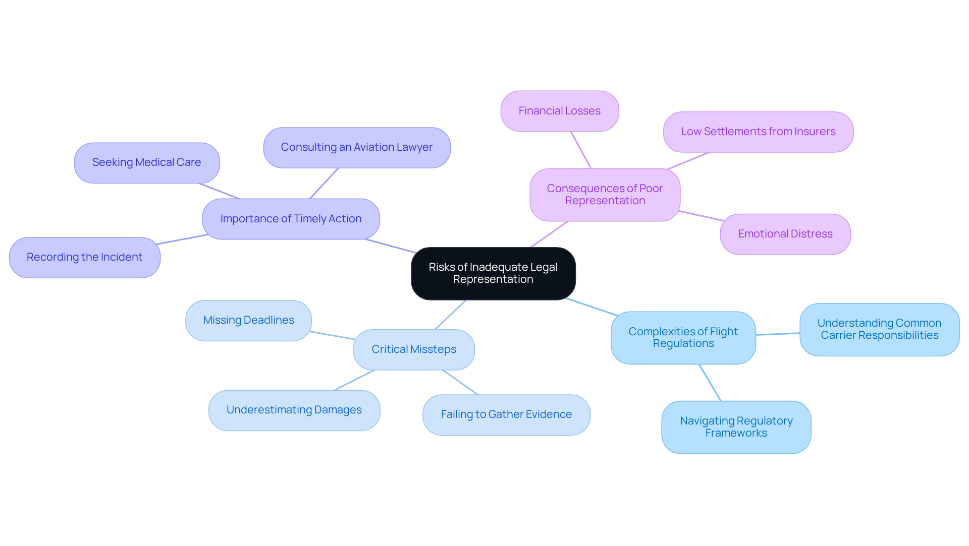 The central node represents the main topic, while the branches illustrate the various risks and actions related to legal representation. Each color-coded branch helps you see how different aspects connect to the overall theme.