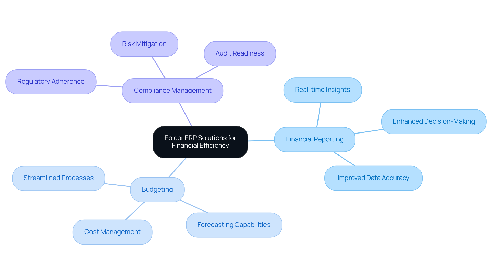 At the center, you'll find Epicor's focus on financial efficiency. Each branch represents a key feature of their ERP software, showing how it helps organizations balance compliance and operational efficiency.
