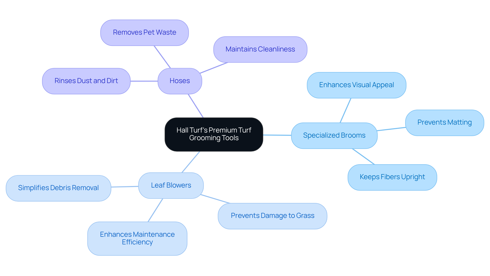 The center shows the main topic, and the branches represent different grooming tools. Each tool has benefits listed, helping you understand why they are important for maintaining synthetic grass.