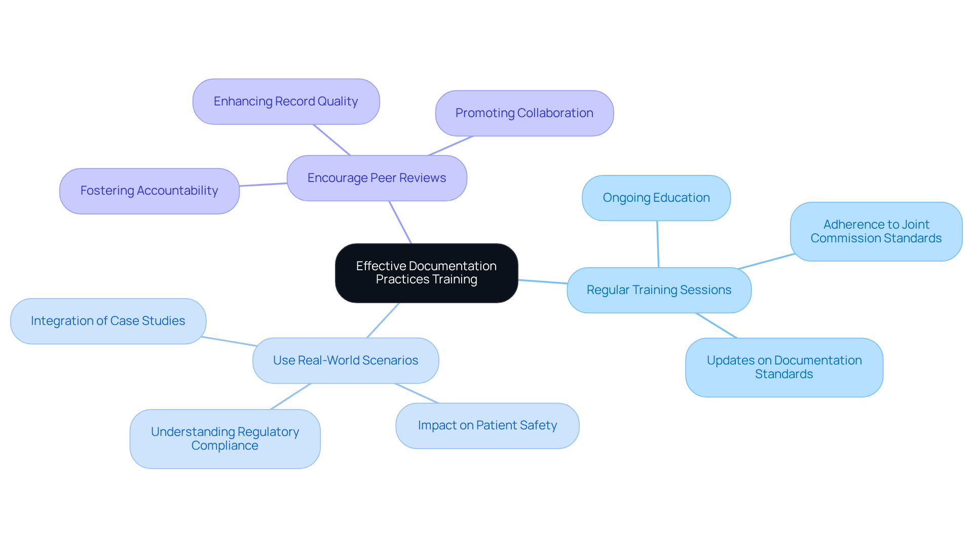 Start at the center with the main training theme, then follow the branches to explore each strategy and its key points. Each color represents a different strategy, making it easy to differentiate and understand how they contribute to effective documentation.