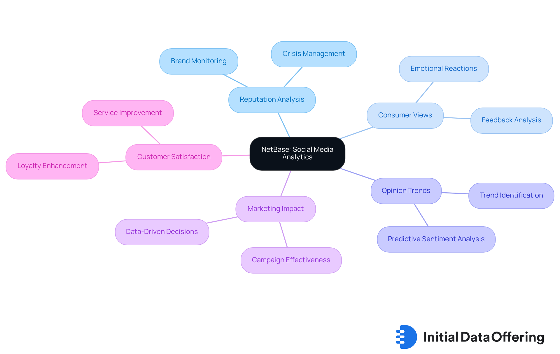 The central node represents NetBase, while the branches illustrate its various features and benefits. Each branch shows how sentiment analysis can impact marketing strategies and customer relationships.