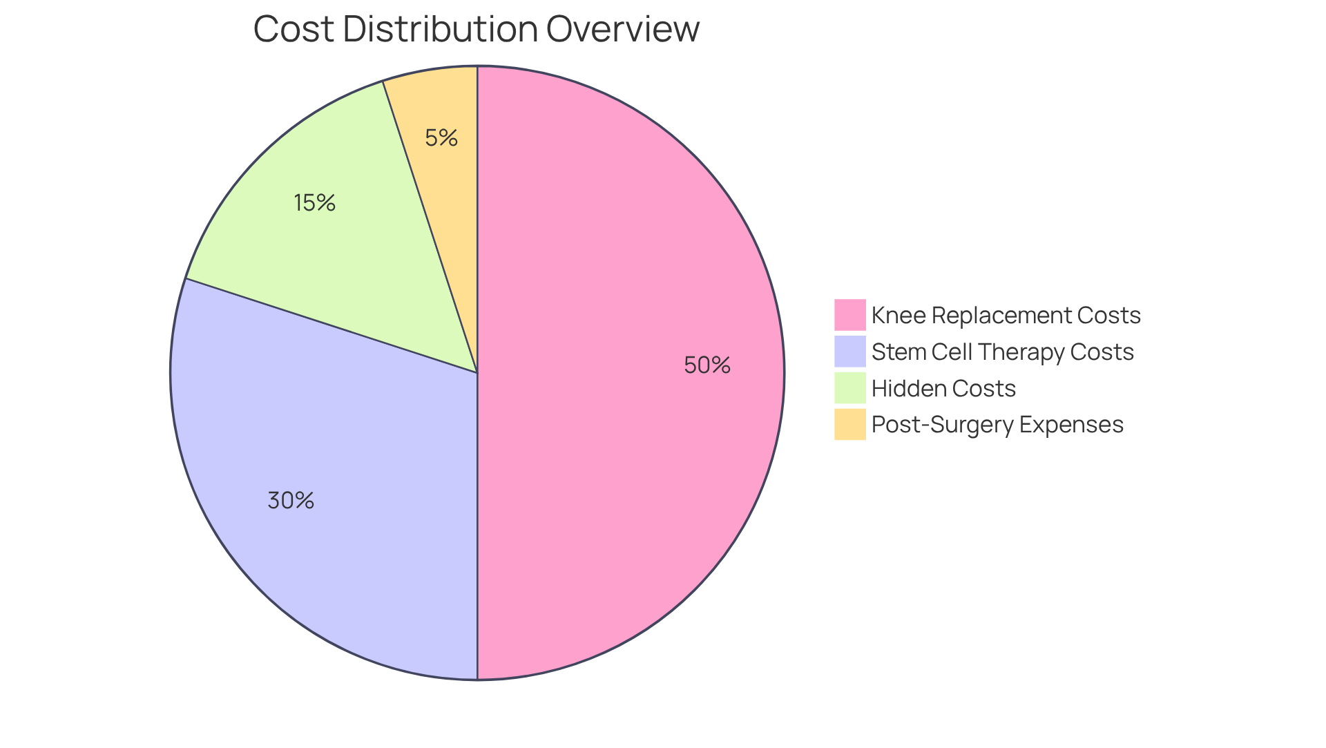 This pie chart shows how different costs stack up for stem cell therapy and knee replacement. Each slice represents a part of the total expenses, helping you see where the money goes. The bigger the slice, the more significant that cost is in the overall picture.