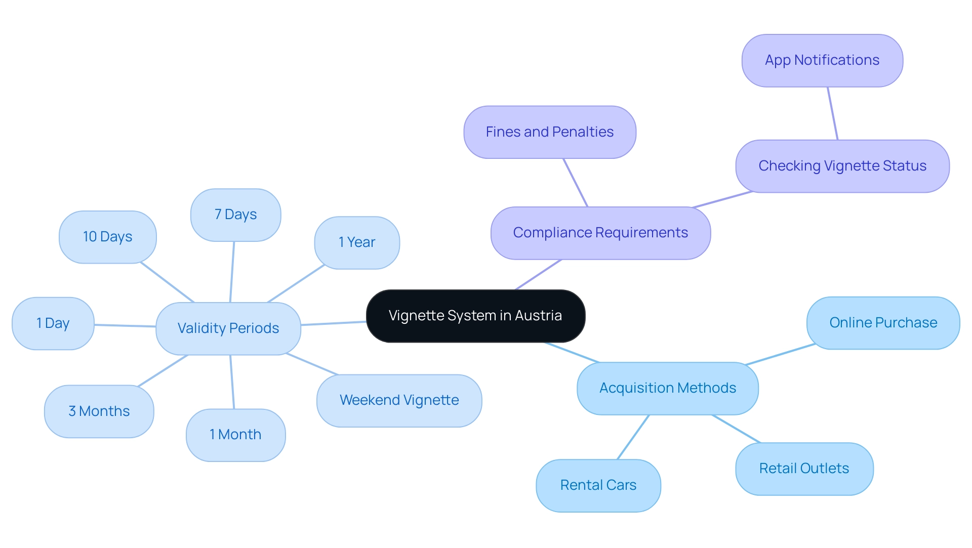 The central node represents the vignette system, with branches showing acquisition methods, validity periods, and compliance requirements, each differentiated by color.