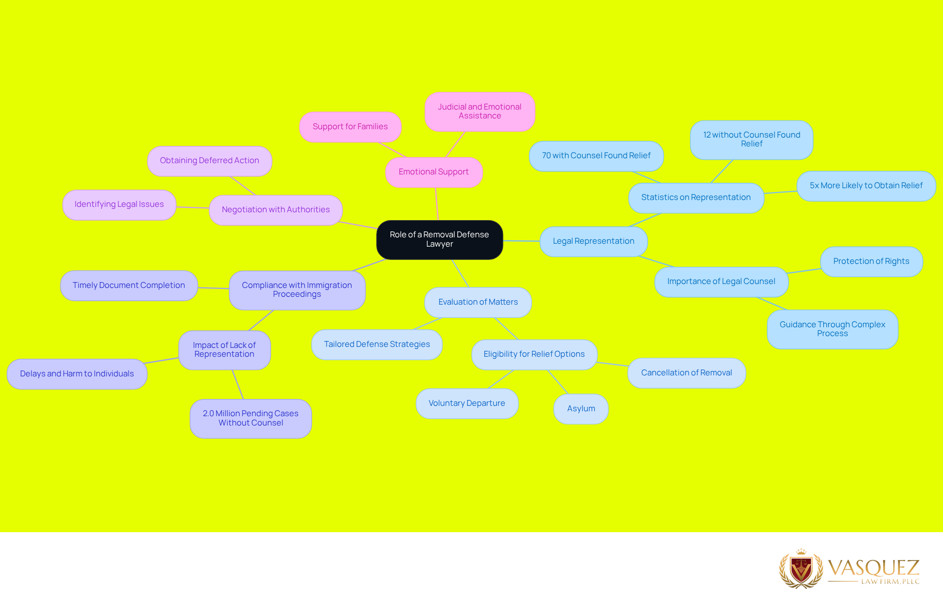 This mindmap illustrates the various responsibilities and areas of focus for a removal defense lawyer. Each branch represents a key aspect of their role, helping you understand how they support clients facing deportation. Follow the branches to see how each area connects back to the central theme.