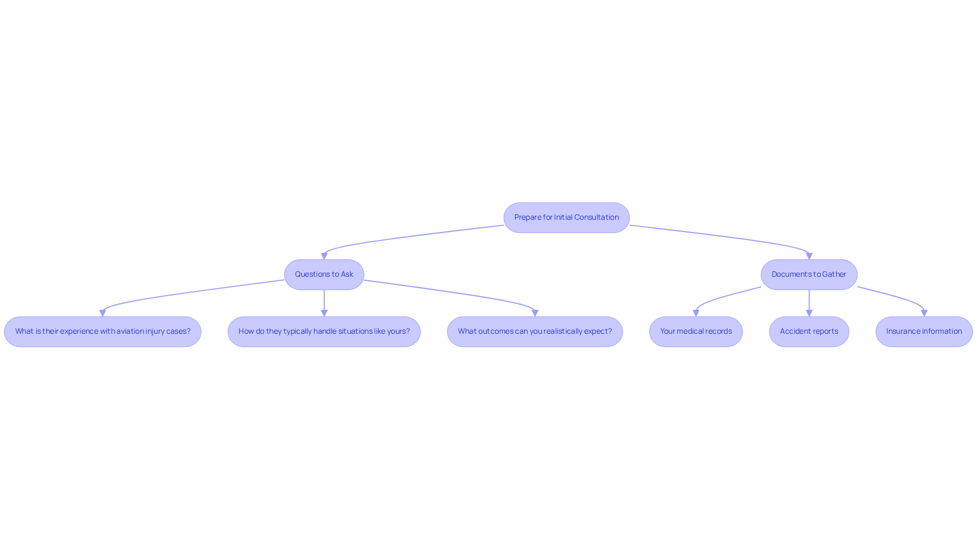 This flowchart guides you through preparing for your first meeting with a lawyer. Start at the top and follow the arrows to see what questions to ask and what documents to bring.