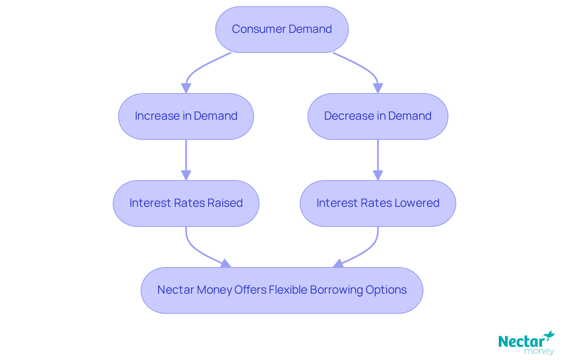 This flowchart shows how consumer demand influences bank interest rates. If demand goes up, banks raise rates; if demand goes down, they lower rates. Nectar Money provides flexible options in response to these changes.