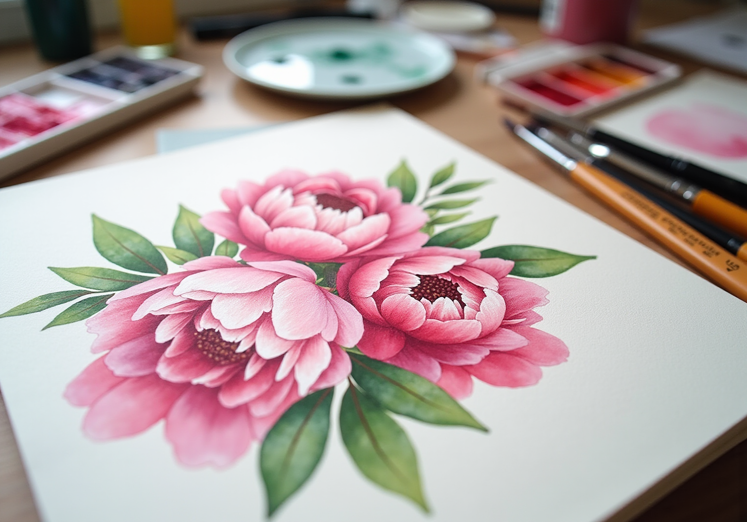 Watercolor Peonies in Artistic Process Watercolor Peonies in Artistic Process
