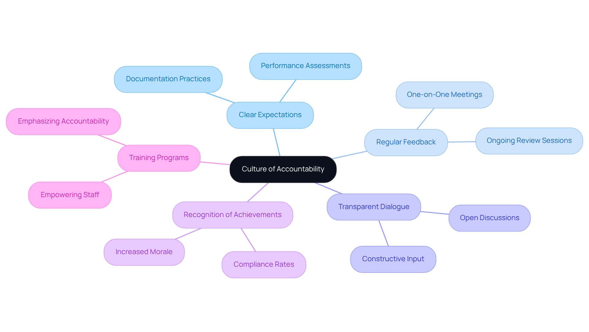 The central node represents the main theme, while the branches show different strategies to foster accountability. Each sub-branch highlights specific actions or outcomes related to that strategy.