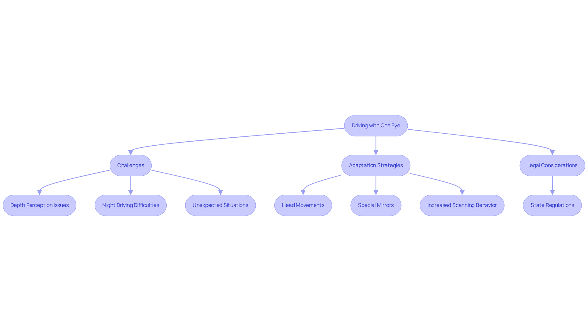 This flowchart outlines the key aspects of driving with one eye. Start at the top with the main topic, then follow the arrows to see the challenges faced, the strategies for adaptation, and the legal considerations involved. Each box represents a different aspect of the driving experience for those with monocular vision. This flowchart outlines the key aspects of driving with one eye. Start at the top with the main topic, then follow the arrows to see the challenges faced, the strategies for adaptation, and the legal considerations involved. Each box represents a different aspect of the driving experience for those with monocular vision.
