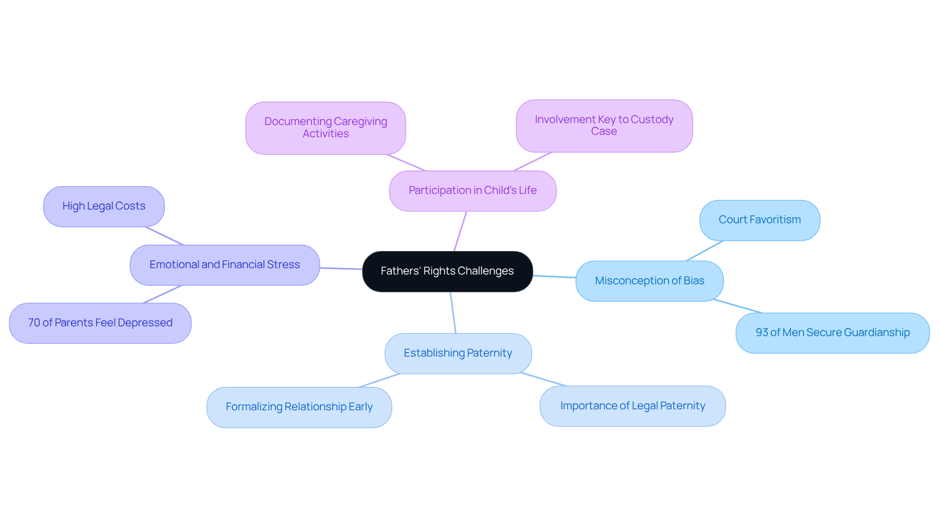 This mindmap shows the key challenges fathers face regarding their rights in custody cases. Each branch represents a different issue, helping you see how they connect to the central theme of advocating for fathers' rights.